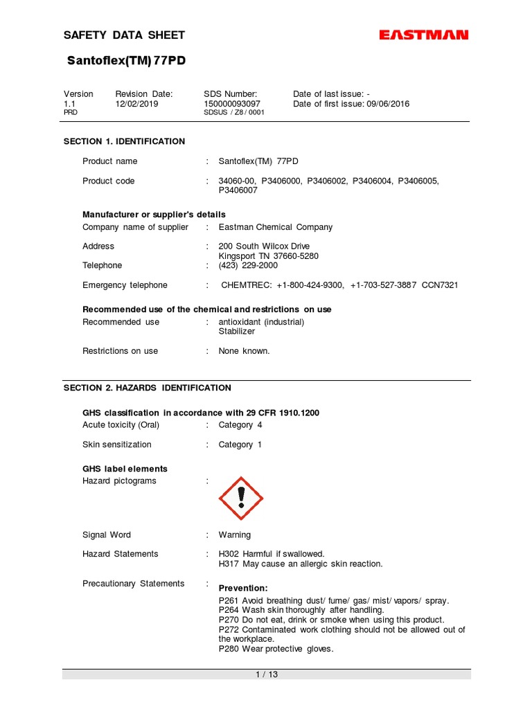 Santoflex (TM) 77PD: Safety Data Sheet | PDF | Toxicity | Dangerous Goods