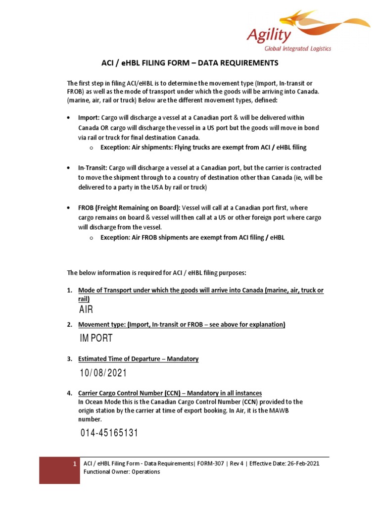 ACI Filing Form 307 Data Requirements | PDF | Cargo | Consumer Goods