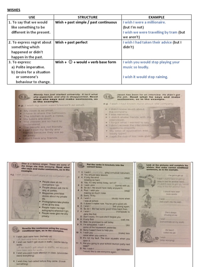 Wishes USE Structure Example Wish + Past Simple / Past Continuous | PDF