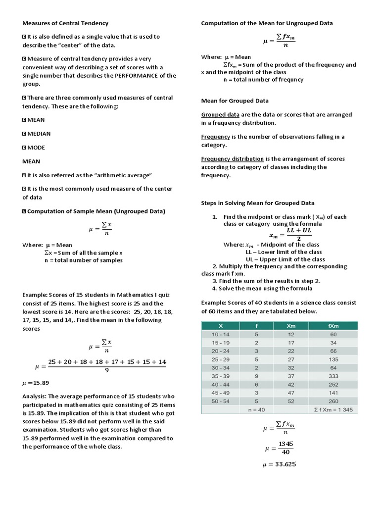 Measure of Central Tendency Grouped Data 1 | PDF | Mode (Statistics) | Mean