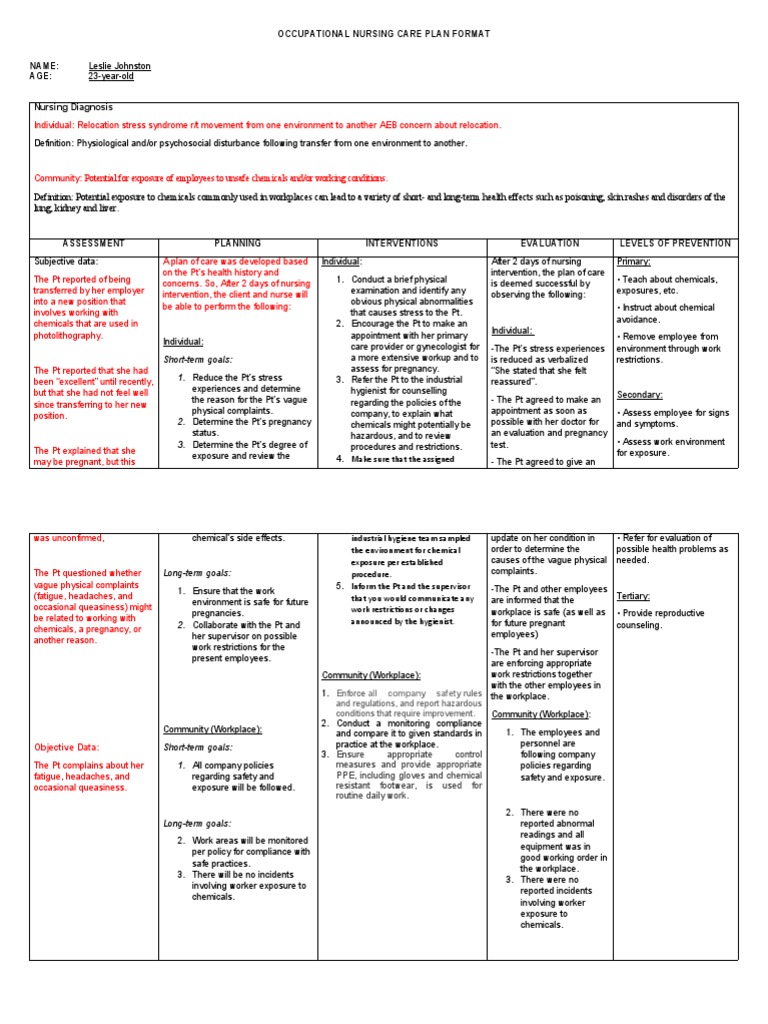 Occupational Nursing Care Plan | PDF | Health Sciences | Health Care