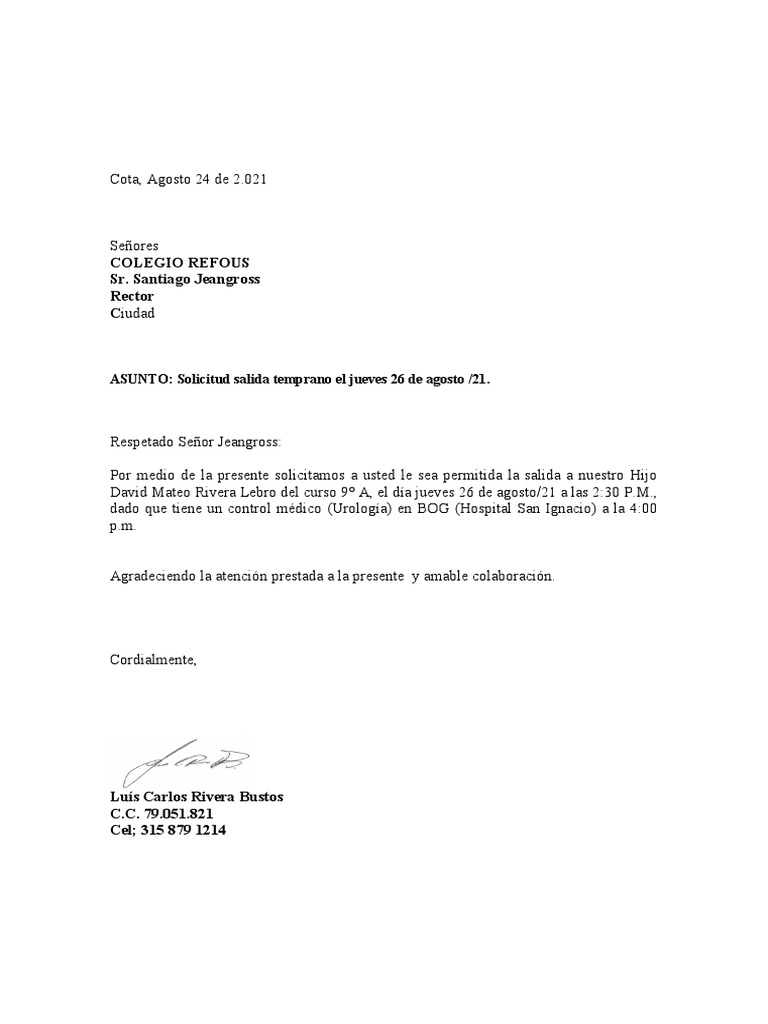 Carta Refous Salida Temprano Mateo Rivera Lebro | PDF