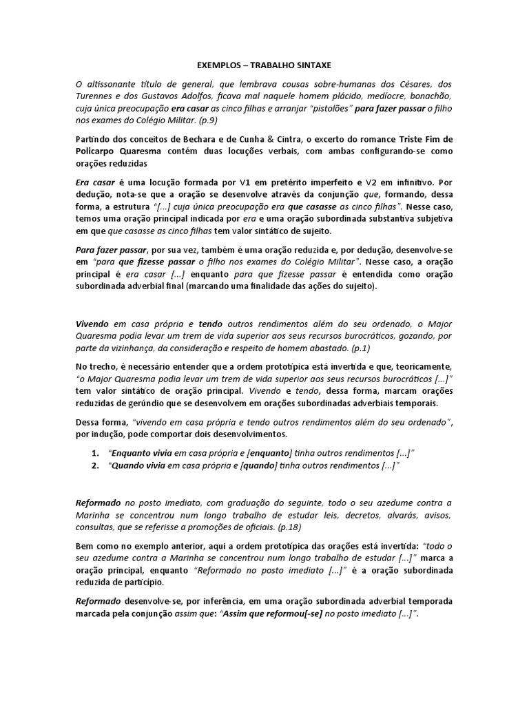 Exemplos - Trabalho de Sintaxe 2 | PDF | Linguística | Mecânica da linguagem