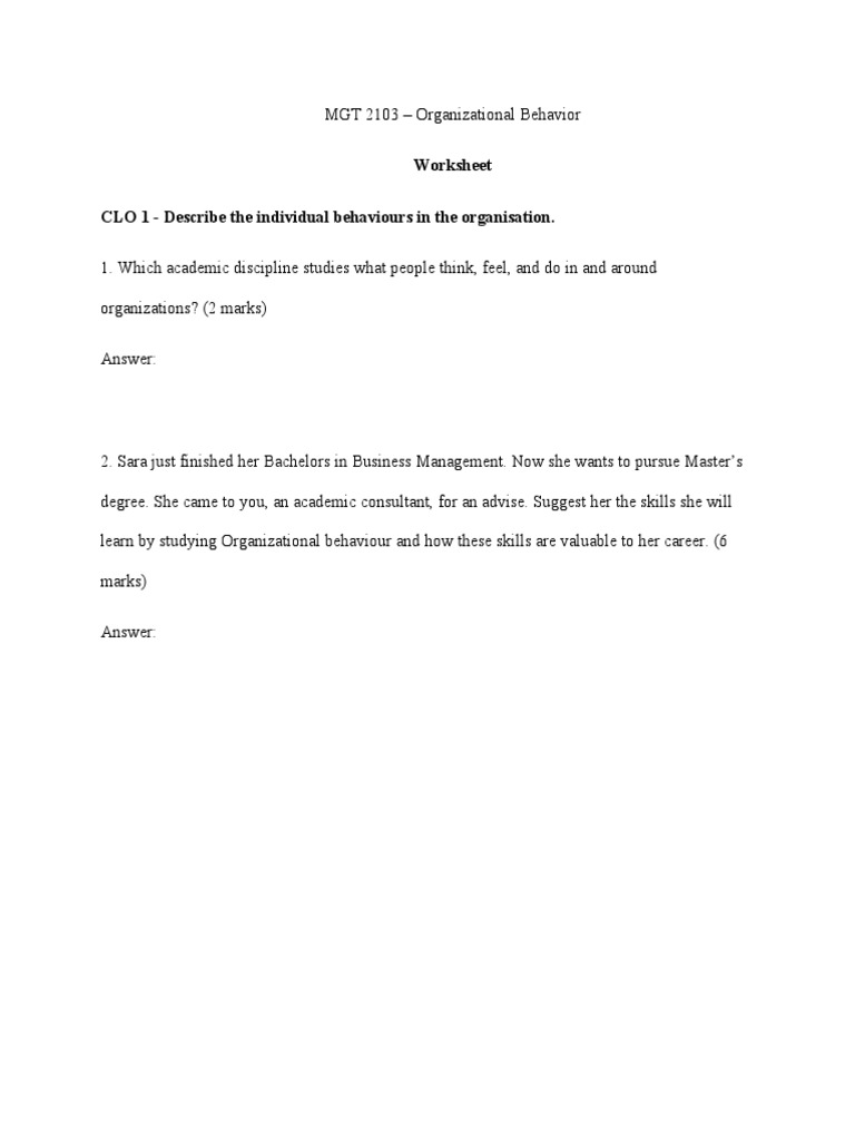 CLO 1 - OB and Individual Behaviour - Worksheet | PDF | Behavior ...