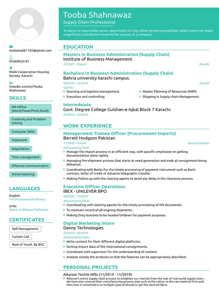 Tooba's Resume | Download Free PDF | Supply Chain | Communication