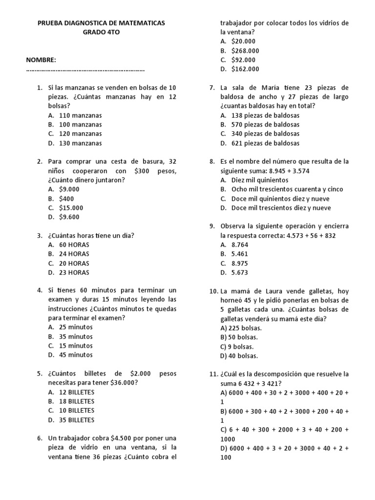 Prueba Diagnostica de Matematicas Grado 4to | PDF