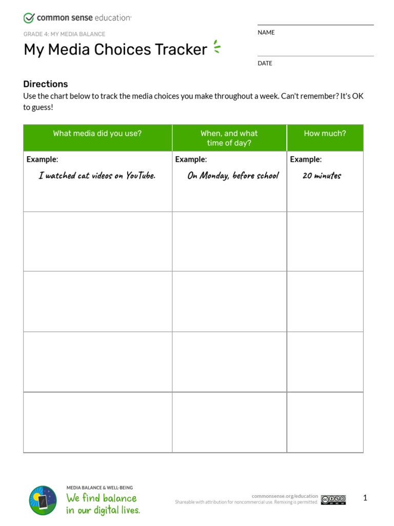 Grade 4 - My Media Choices - My Media Choices Tracker Student Handout | PDF