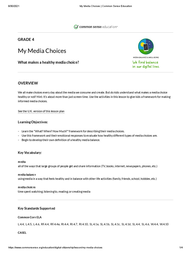 My Media Choices - Common Sense Education | PDF | Lesson Plan | Learning