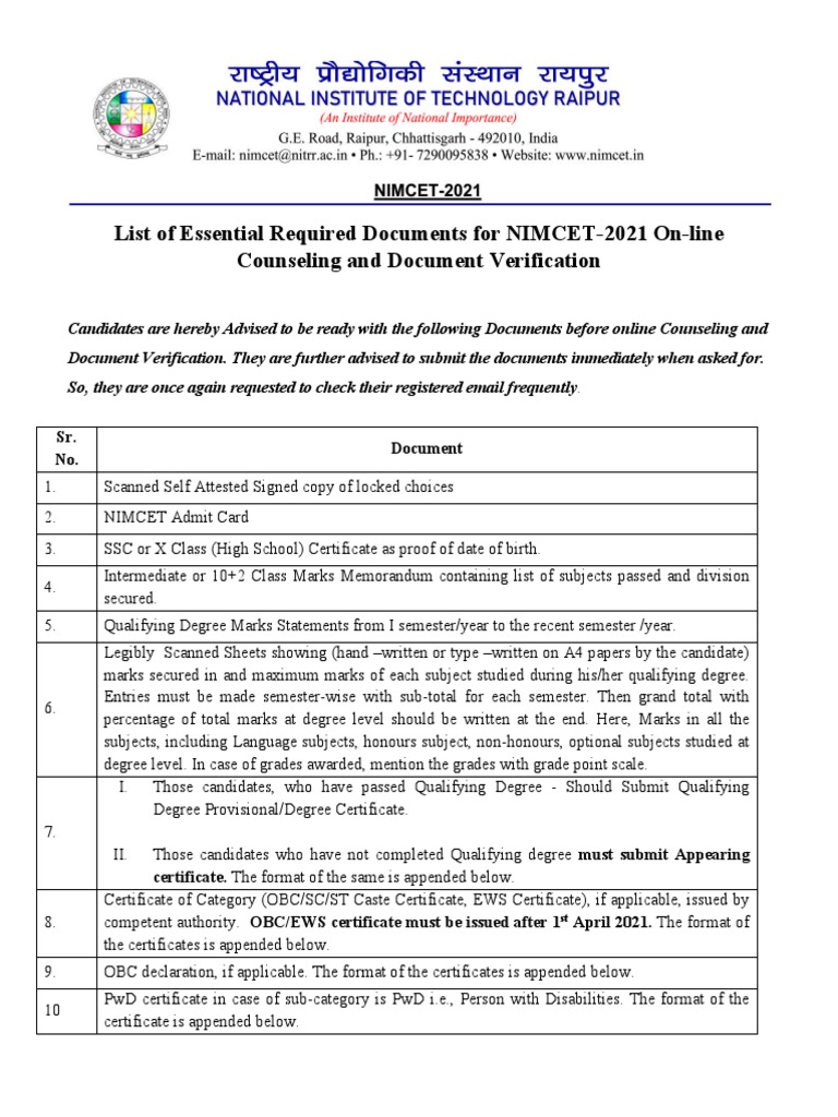 List of Essential Required Documents For NIMCET-2021 On-Line Counseling ...