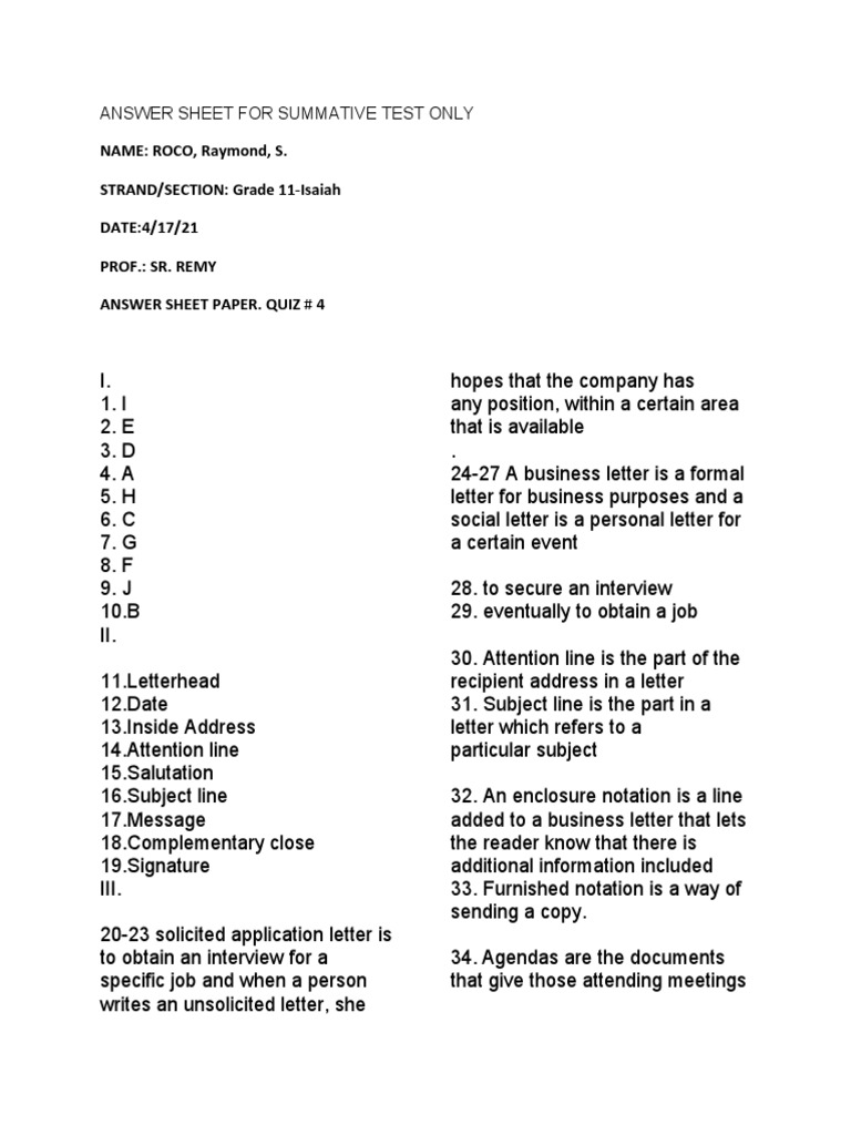 Answer Sheet Summative Test C | PDF