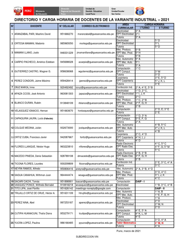 Directorio Y Carga Horaria Docentes Vin 2021 Final Pdf