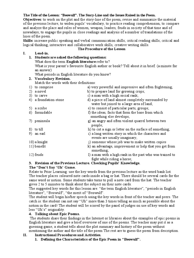 Title of The Lesson: "Beowulf". The Story-Line and The Issues Raised in ...