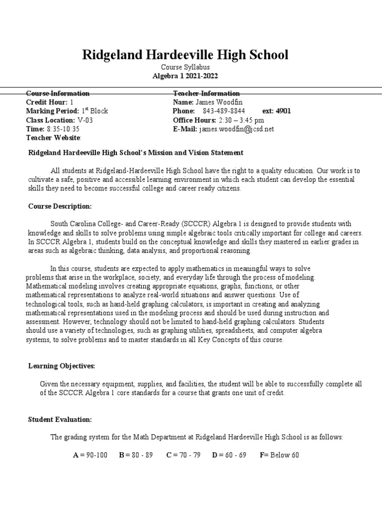 Algebra1 Syllabus For 2021-2022 | PDF | Mathematics | Equations