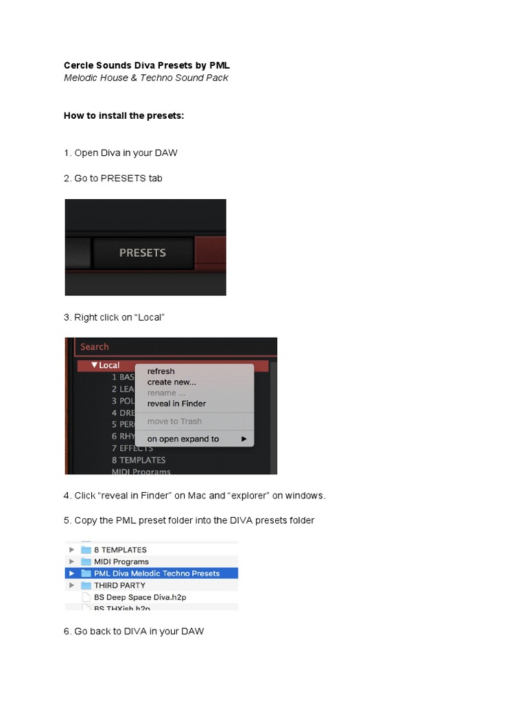 PML Cercle - Diva Melodic Techno Presets + MIDI V1.1 - How To Install - Diva Presets by PML | PDF