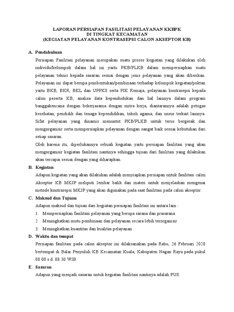Laporan Persiapan Fasilitasi Pelayanan KKBPK Di Tingkat Kecamatan ...