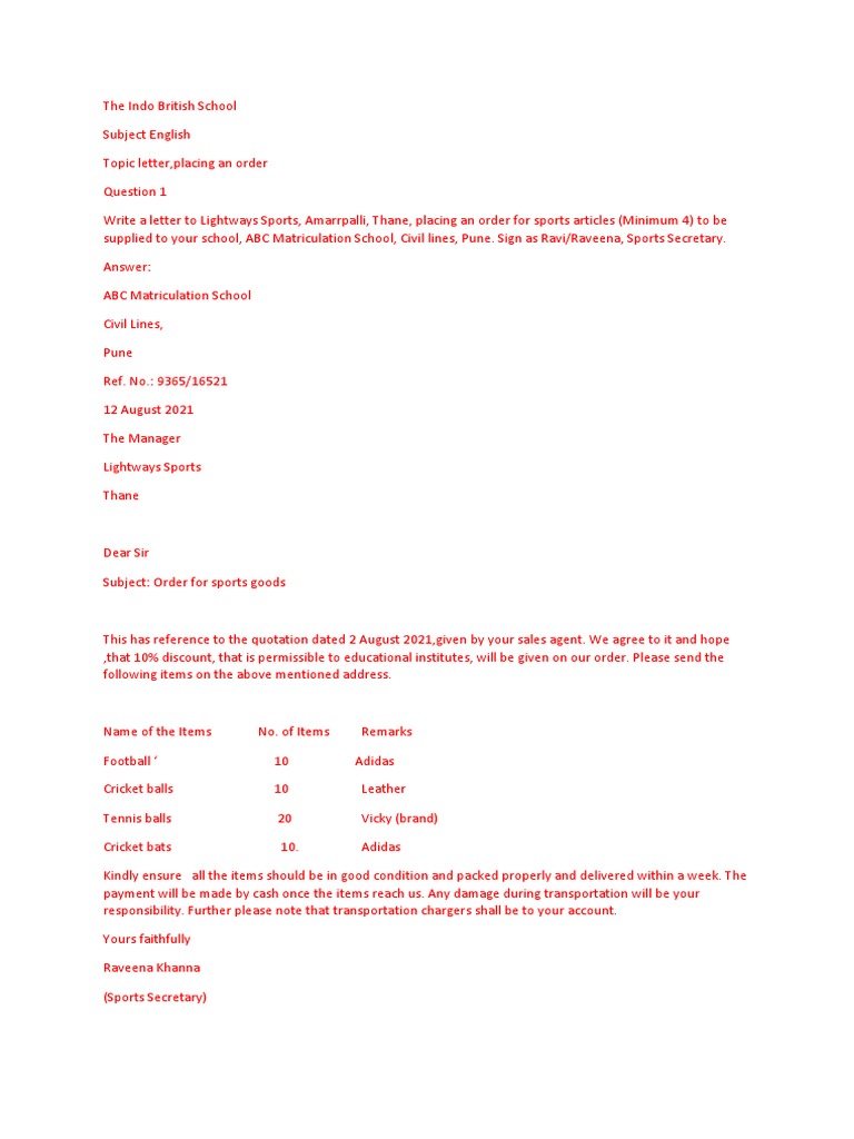 Order Letter for Sports Equipment | PDF