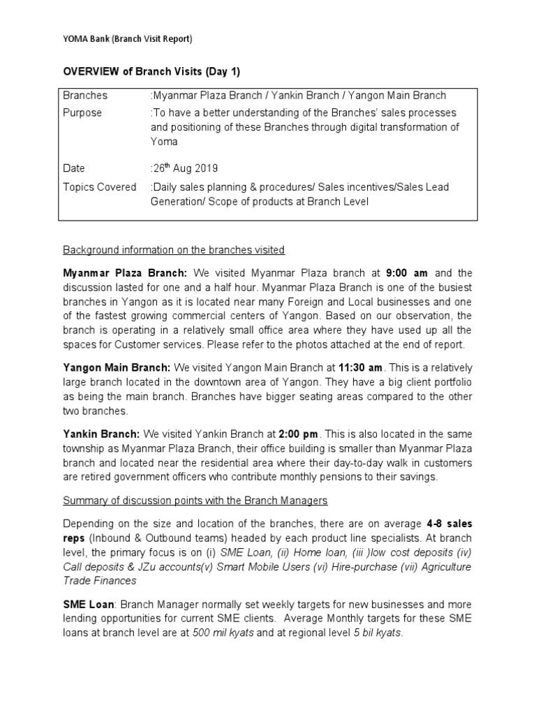 YOMA Bank (Branch Visit Report) | Download Free PDF | Banks | Sales