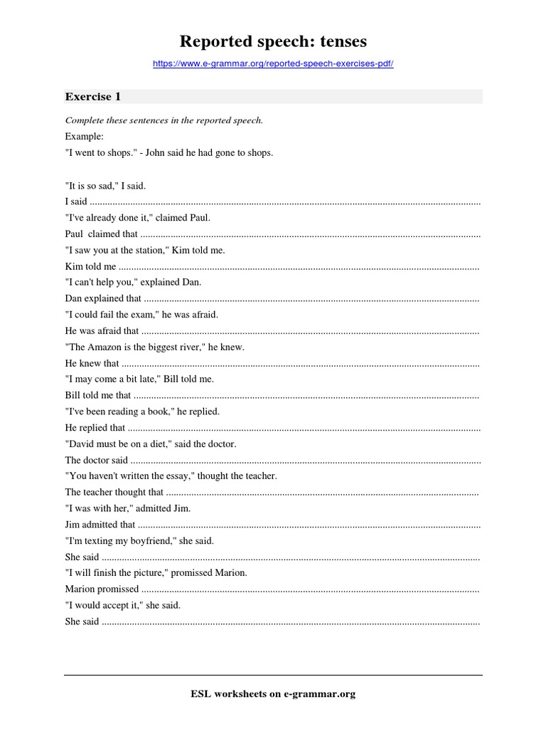 Reported Speech: Tenses: Exercise 1 | PDF