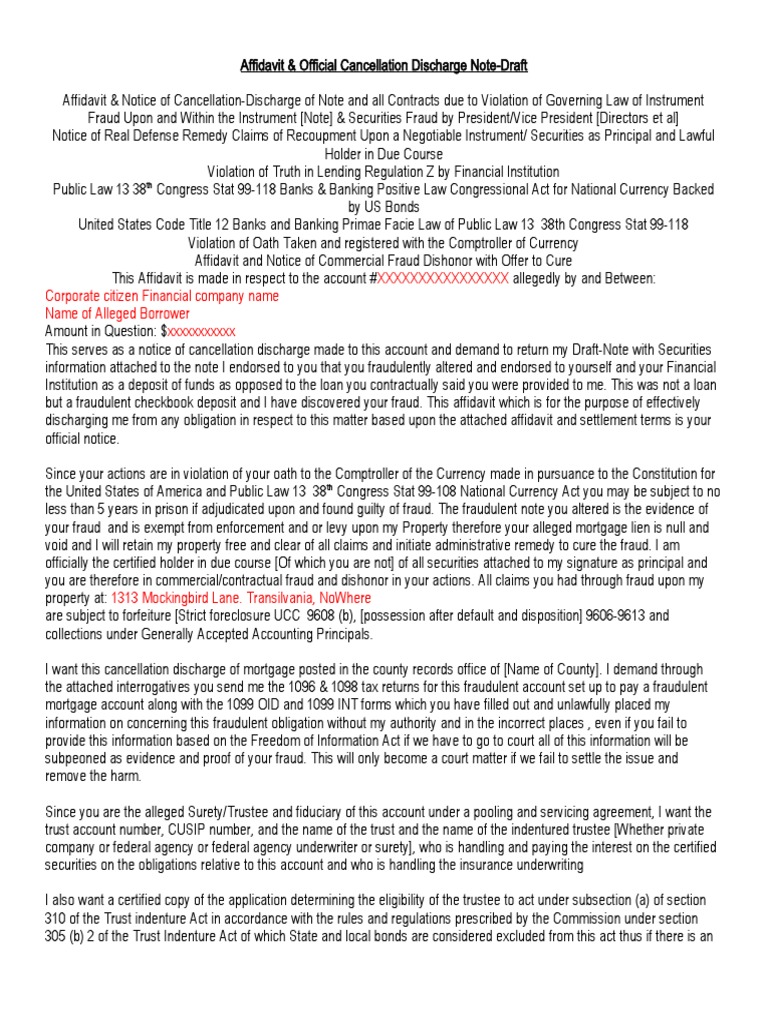 Affidavit of Cancellation Discharge Note | PDF | Securities (Finance ...