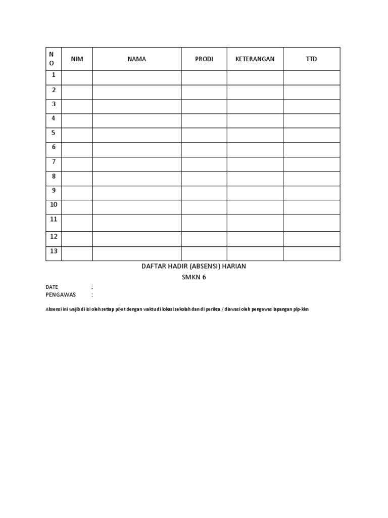 Contoh Lembar Absensi Harian Karyawan | PDF