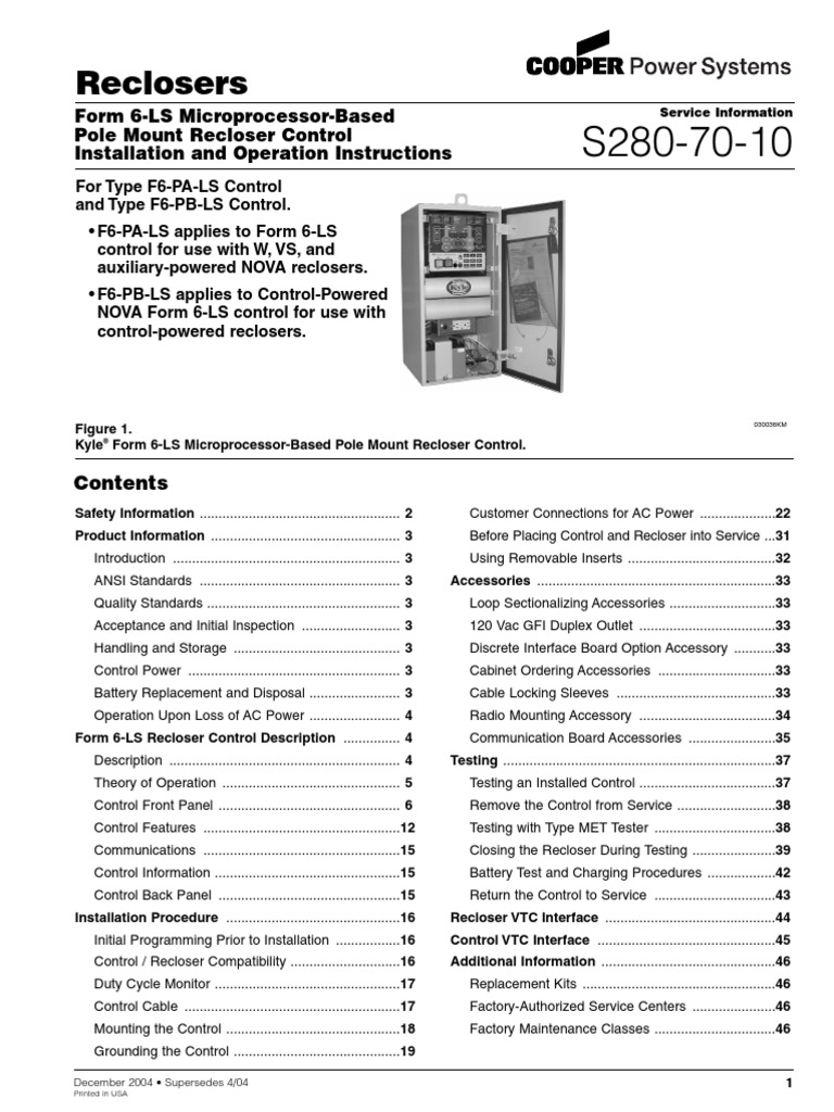 Reclosers: Form 6-LS Microprocessor-Based Pole Mount Recloser Control Installation and Operation ...