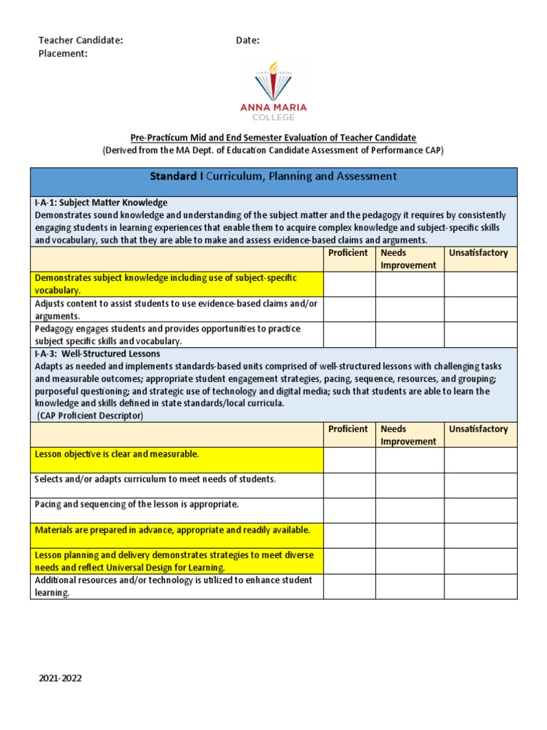 2021-2022 Pre-Prac Observation Form | PDF | Educational Assessment ...