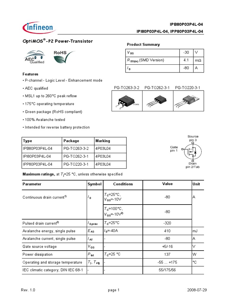 Optimos - P2 Power-Transistor: Product Summary | PDF | Field Effect ...