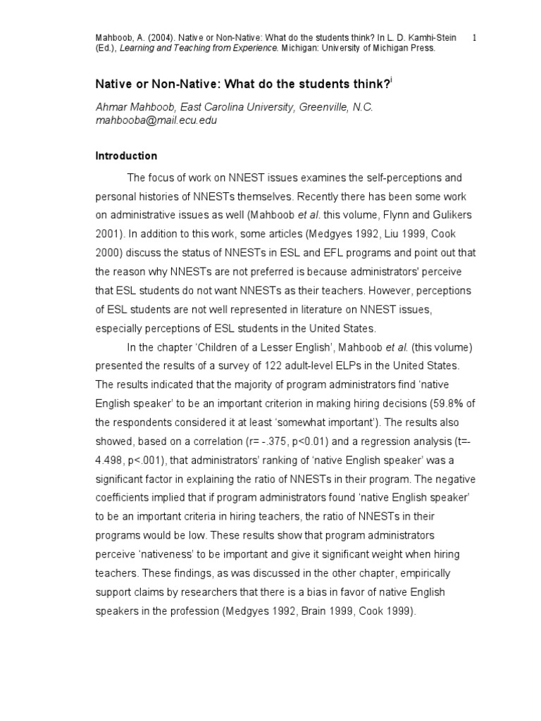 Native or Non-Native: What Do The Students Think? | PDF | English As A ...