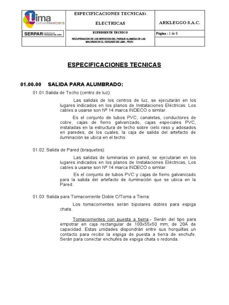 ESPECIFICACIONES TECNICAS - ALAMEDA Malvinas INSTALACIONES ELECTRICAS | PDF | Enchufes y tomas ...