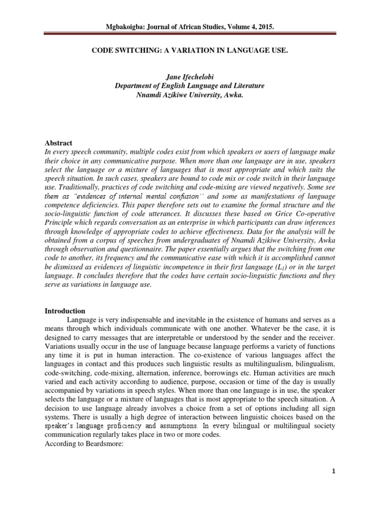 Code Switching: A Variation in Language Use | PDF | Multilingualism ...