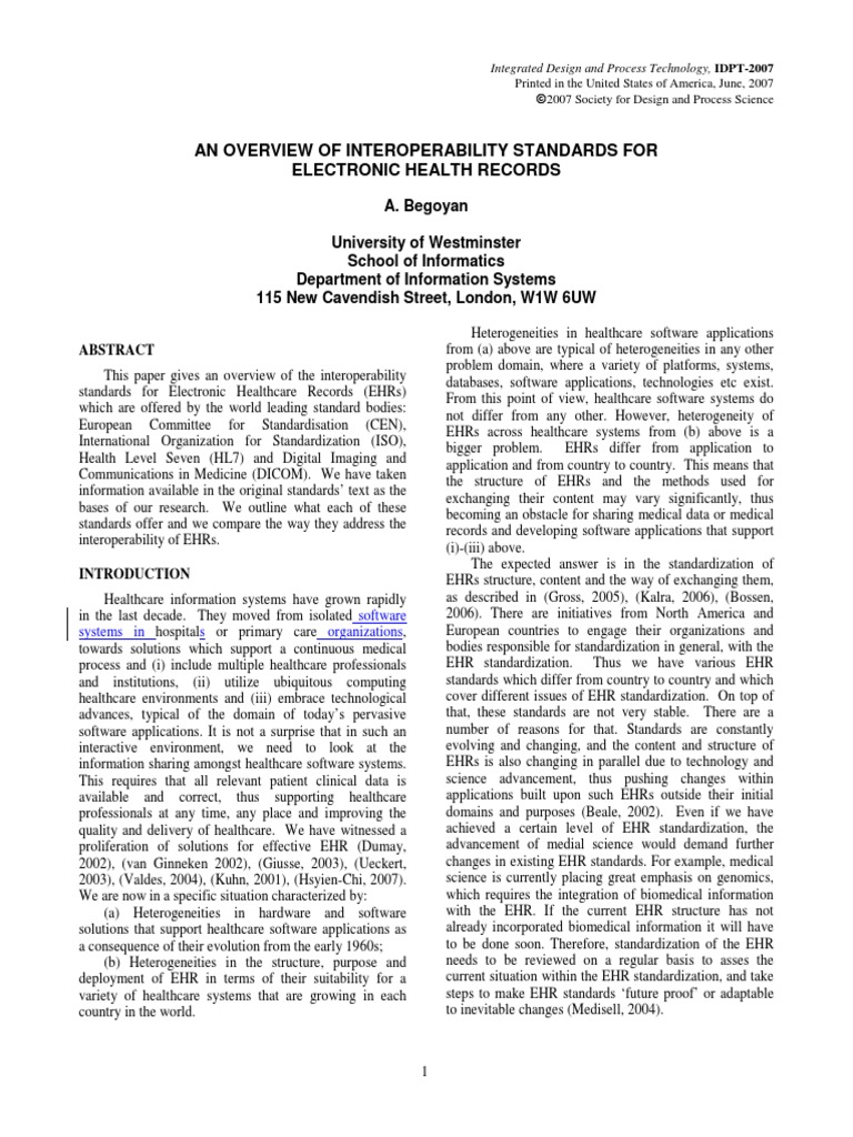 An Overview of Interoperability Standards For Electronic Health Records ...