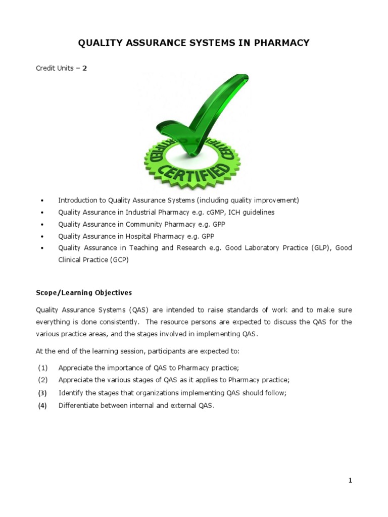 Quality Assurance Systems in Pharmacy | PDF | Pharmacy | Medical ...