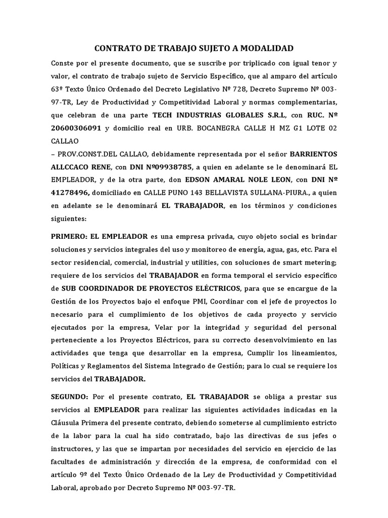 Contrato de Trabajo: Sub Coordinador Eléctrico | PDF | Derecho laboral ...