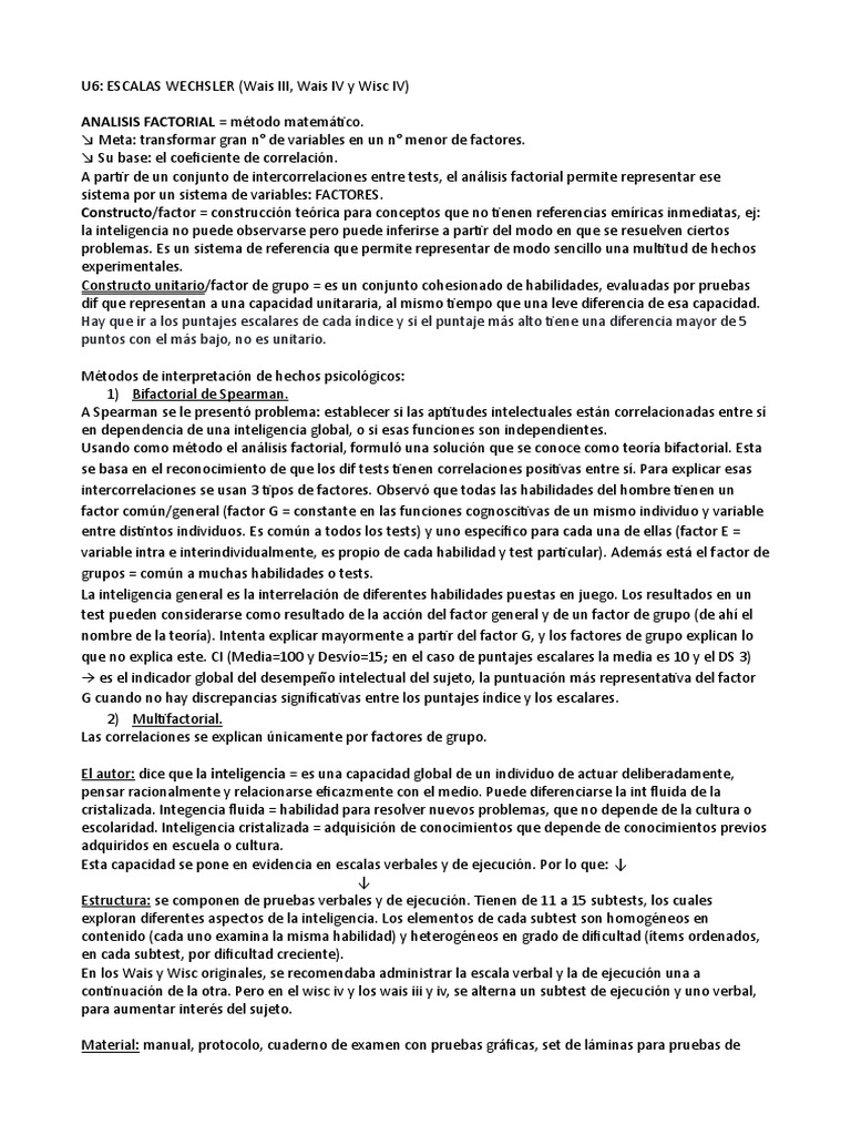 Resumen Unidad 6 Escalas Weschler | PDF | Escala de inteligencia para adultos de Wechsler ...