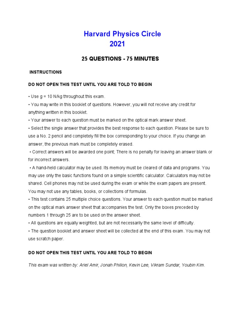 Harvard Physics Circle 2021 Exam | PDF | Kinetic Energy | Mass