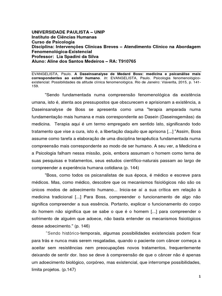 Aline Medeiros - A Daseinsanalyse de Medard Boss | PDF | Psicologia ...