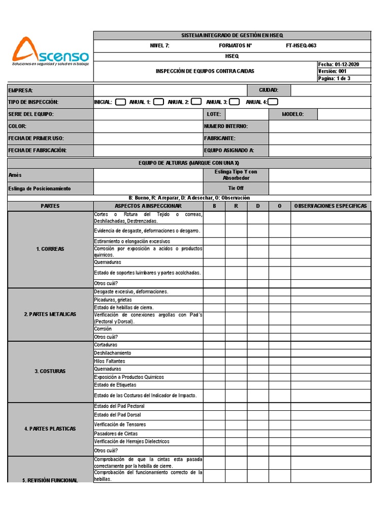 Inspeccion de Equipos de Alturas | PDF