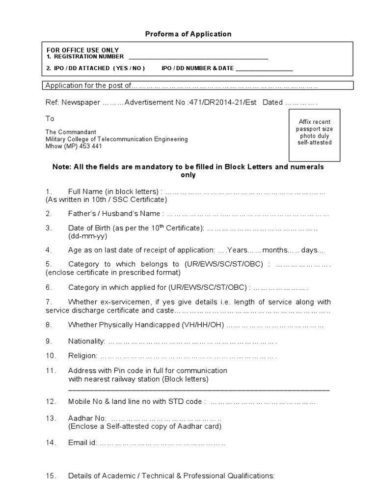 MCTE Mhow Recruitment 2021 Application Form | PDF | Government