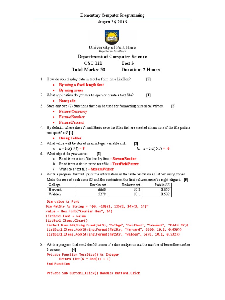 Department Of Computer Science Csc 121 Test 3 Total Marks 50 Duration 2 Hours Pdf Computer 