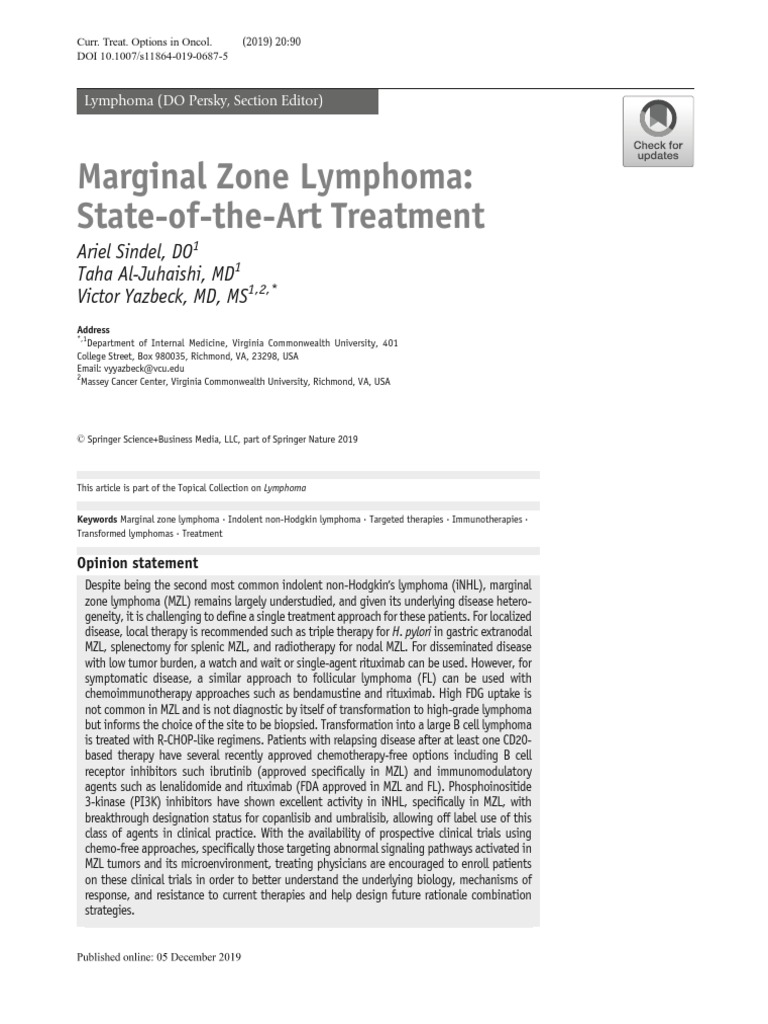 State-of-the-Art Treatment for Marginal Zone Lymphoma: A Review of Current Guidelines and ...