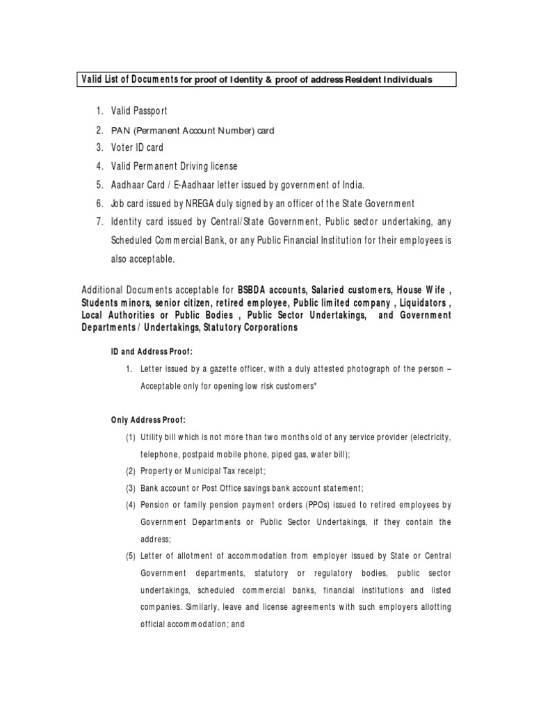 Acceptable Documents Identity and Address Proof | PDF