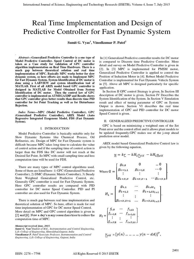Real Time Implementation and Design of Predictive Controller For Fast Dynamic System | PDF ...