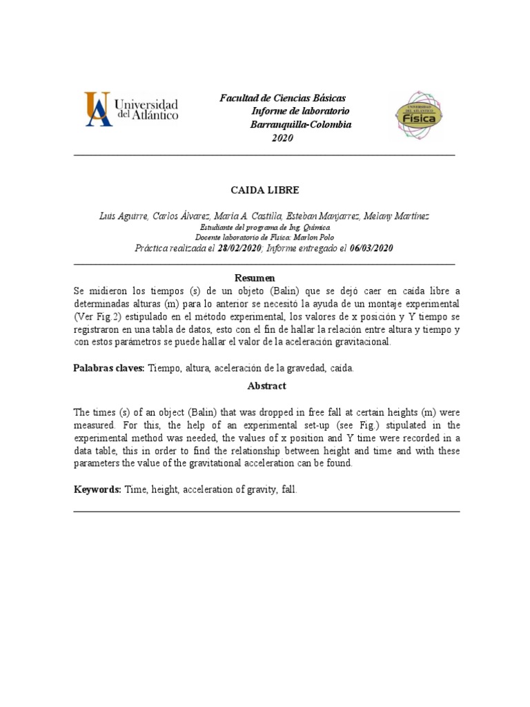 Caída Libre: Experimento y Análisis | PDF | Gravedad | Fuerza