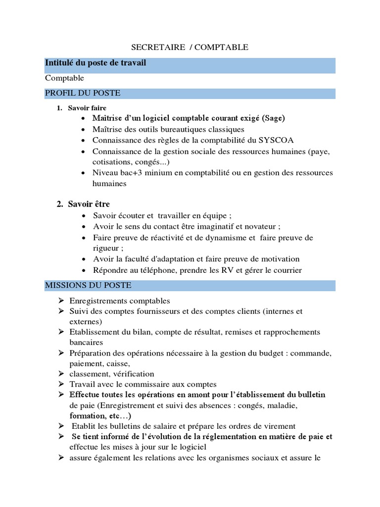 Fiche de Poste de Comptable | PDF | Évolution de carrière | Finance et gestion monétaire