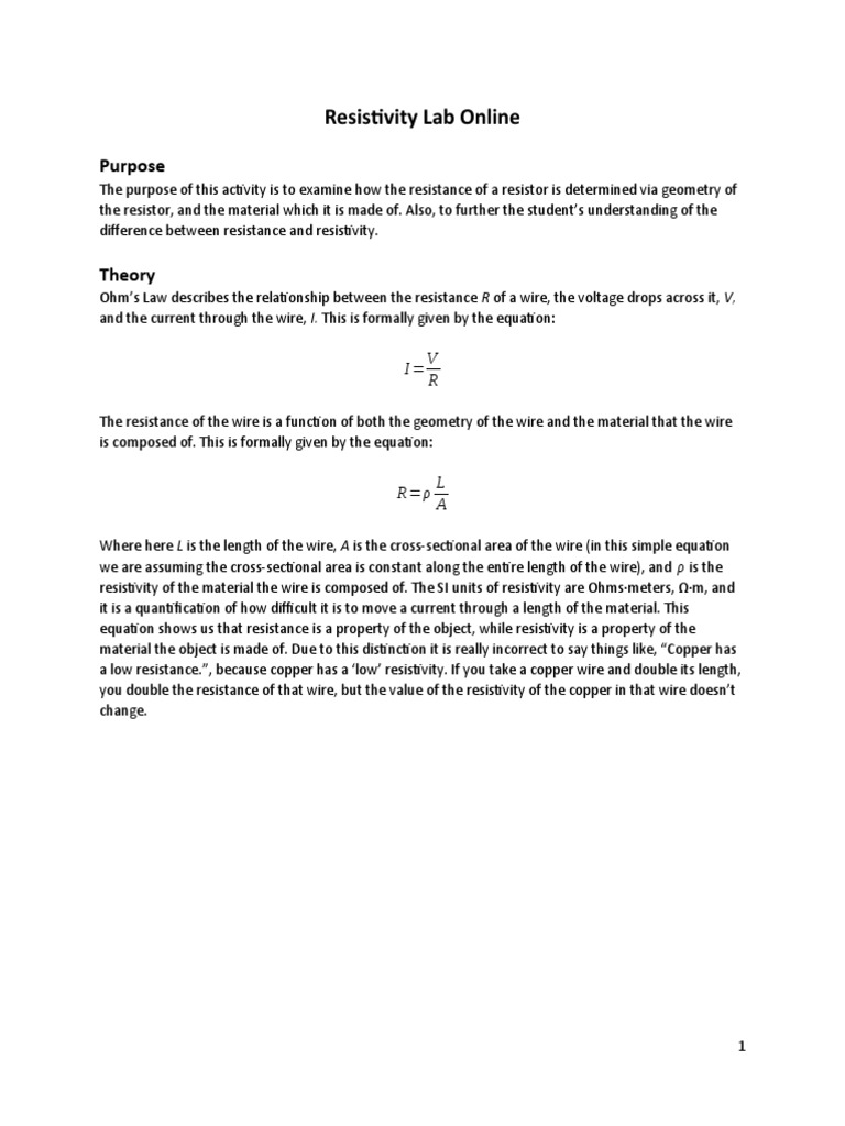 Resistivity Lab Online | PDF | Electrical Resistance And Conductance ...