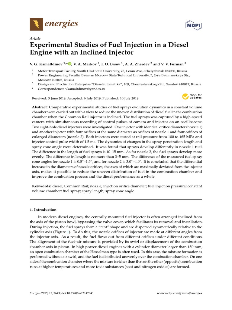 Energies: Experimental Studies of Fuel Injection in A Diesel Engine ...