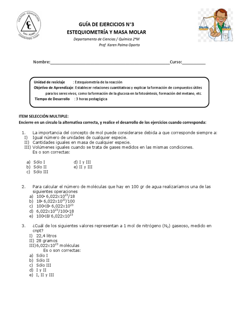 Guía de Estequiometría y Masa Molar | PDF | Mole (Unidad) | Estequiometría