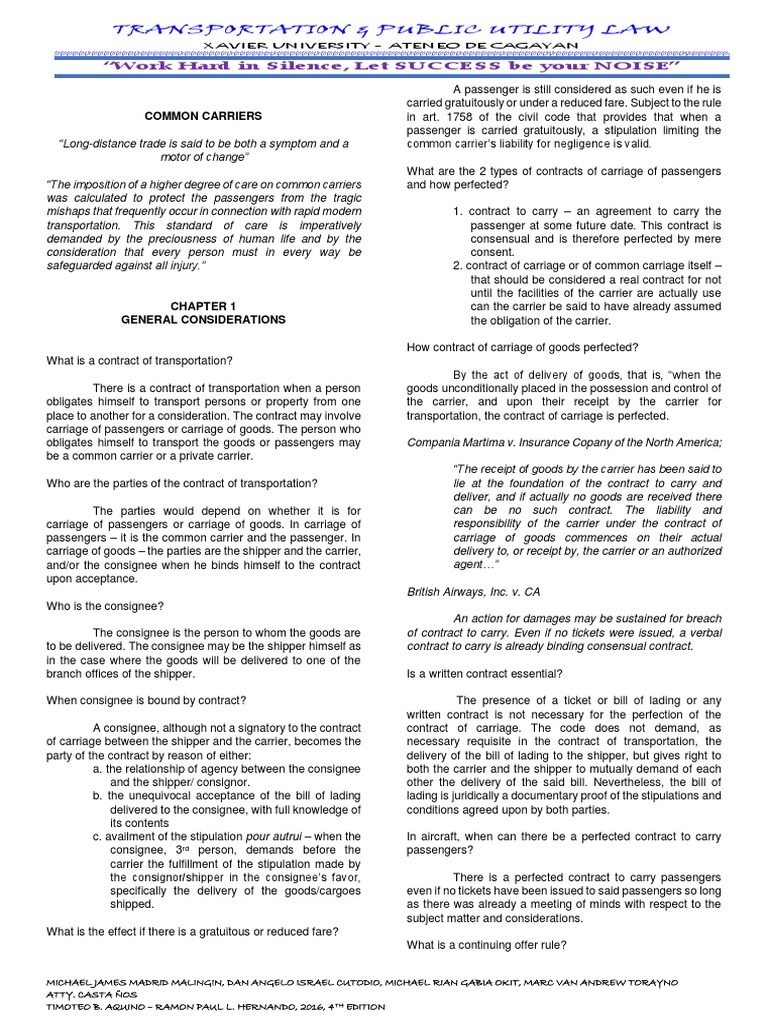 Common Carriers and Transportation Law | PDF | Common Carrier | Cargo