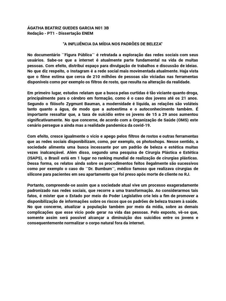 A Influência Da Mídia e Os Padrões de Beleza - Redação Dissertativa ... A Influência Da Mídia e Os Padrões de Beleza - Redação Dissertativa ...