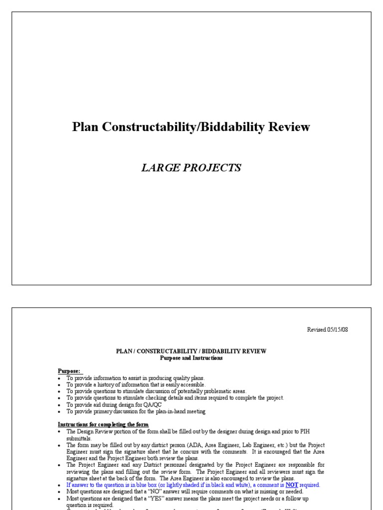 Plan Constructability Biddability Review Form - Major Projects | PDF | Traffic | Drainage